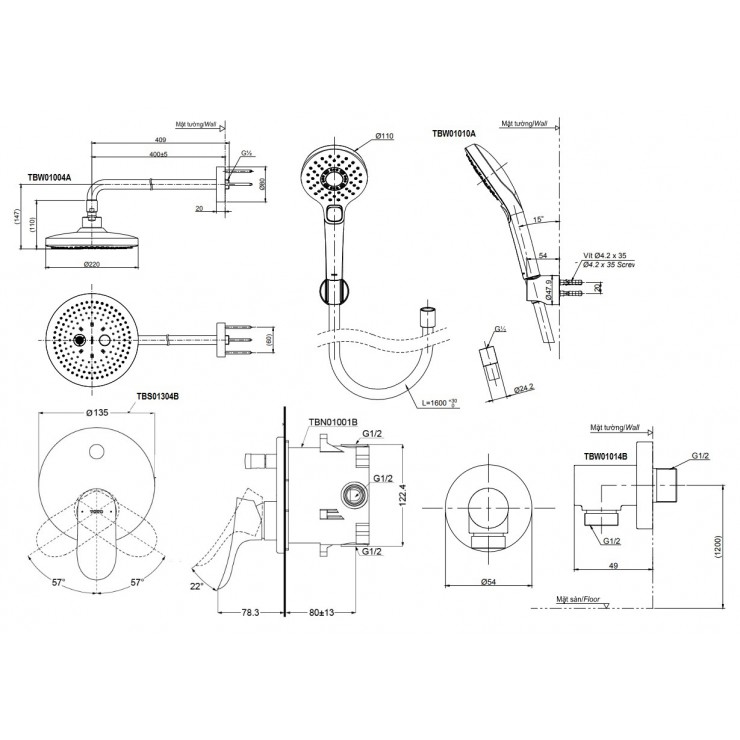 Bộ vòi hoa sen TOTO TBS01304B TBW01004A TBW01010A âm tường nóng lạnh ...