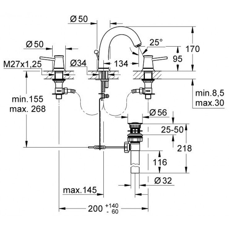 Vòi chậu rửa mặt Grohe 20470000 BauClassic lavabo 3 lỗ nóng lạnh - Tuấn Đức