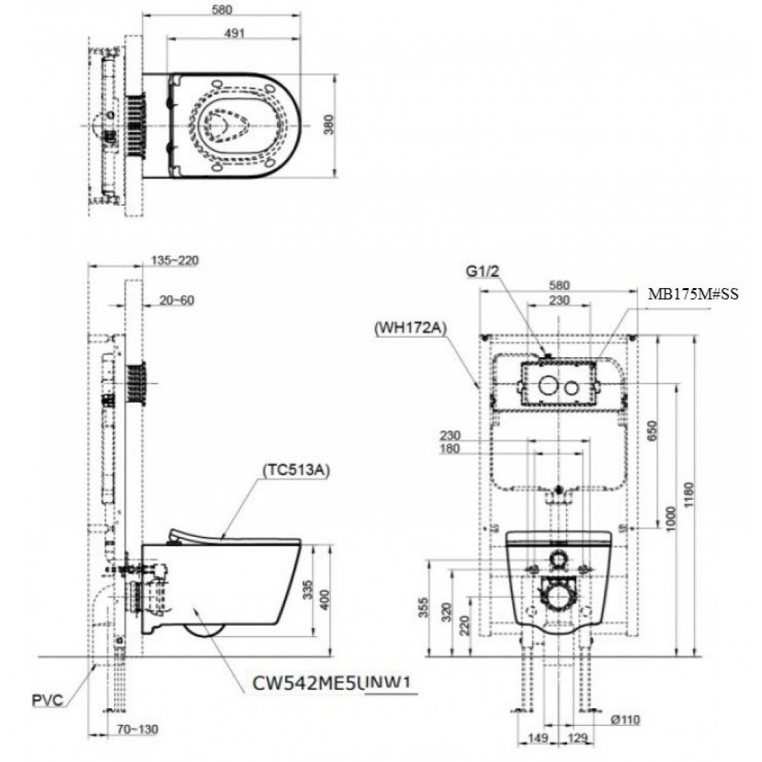 Bồn Cầu TOTO CW542ME5UNW1 TC513A WH172A MB175M#SS Treo Tường - Tuấn Đức