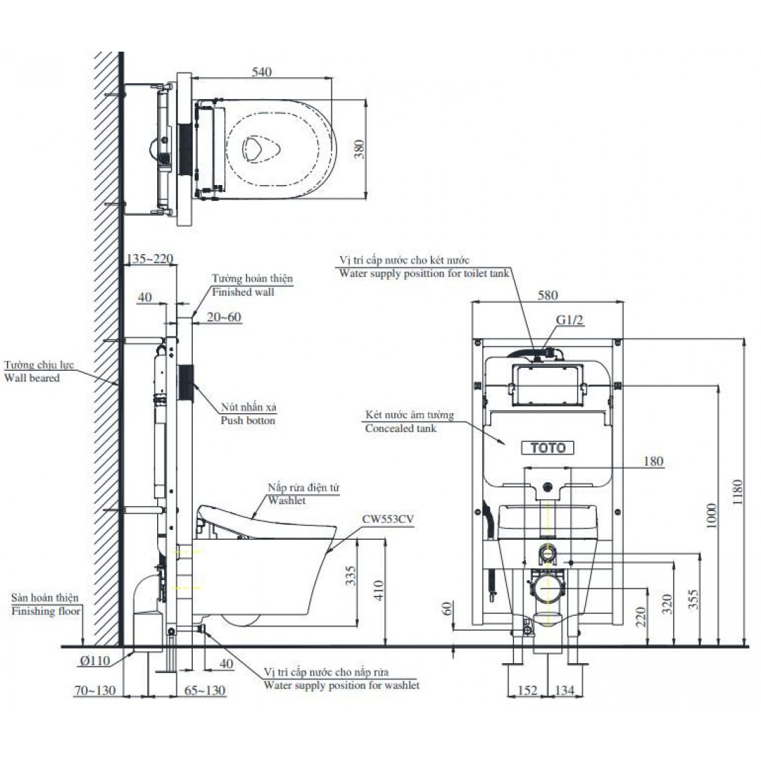 Bồn Cầu TOTO CW553C/TCF34570GAA/WH172AAT/MB174P#SS Nắp Điện Tử Treo Tường