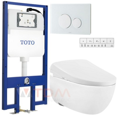 Bộ bồn cầu treo tường Toto thông minh tự xả nước đóng mở nắp âm tường