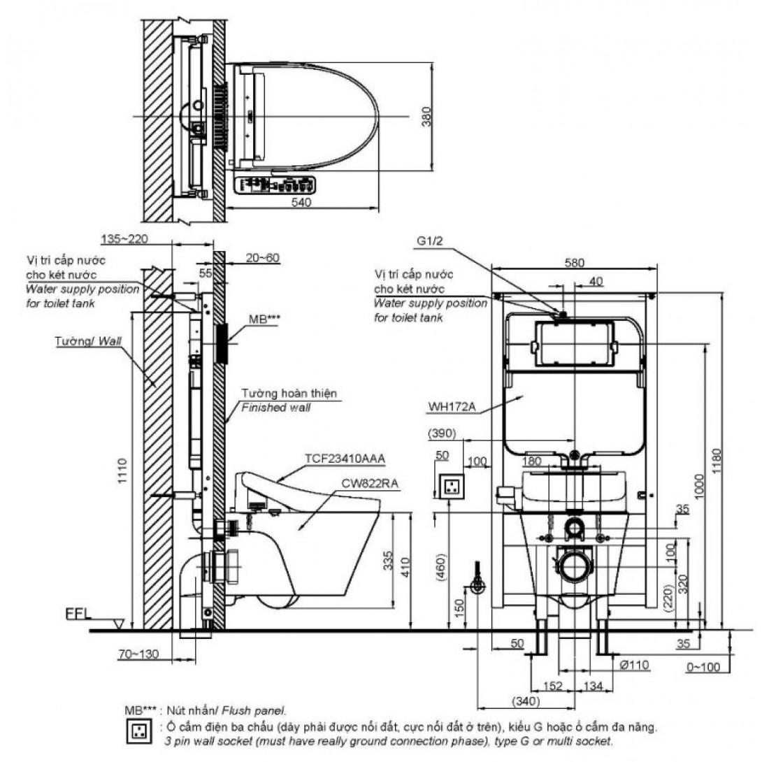 Bồn Cầu TOTO CW822RA/TCF23410AAA/WH172A/MB175M#SS Nắp Điện Tử Treo Tường