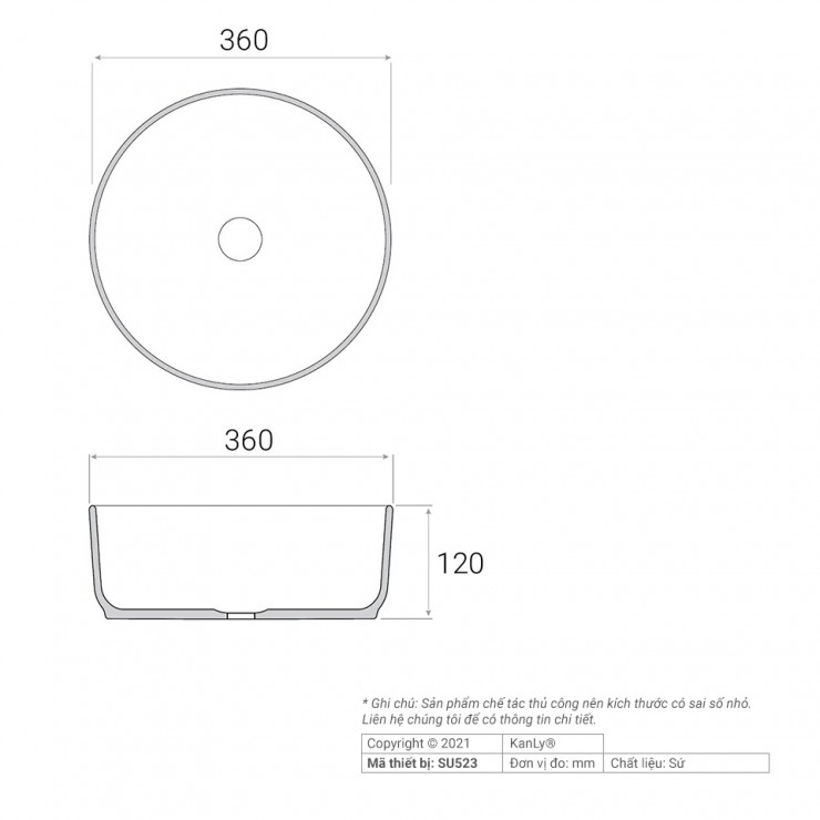 Chậu rửa mặt lavabo Kanly SU523 sứ màu trắng hình tròn - Tuấn Đức