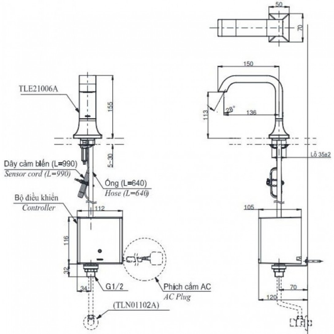 Vòi Lavabo Cảm Ứng TOTO TLE21006V/TLE04502A1/TLN01102A PIN 2L