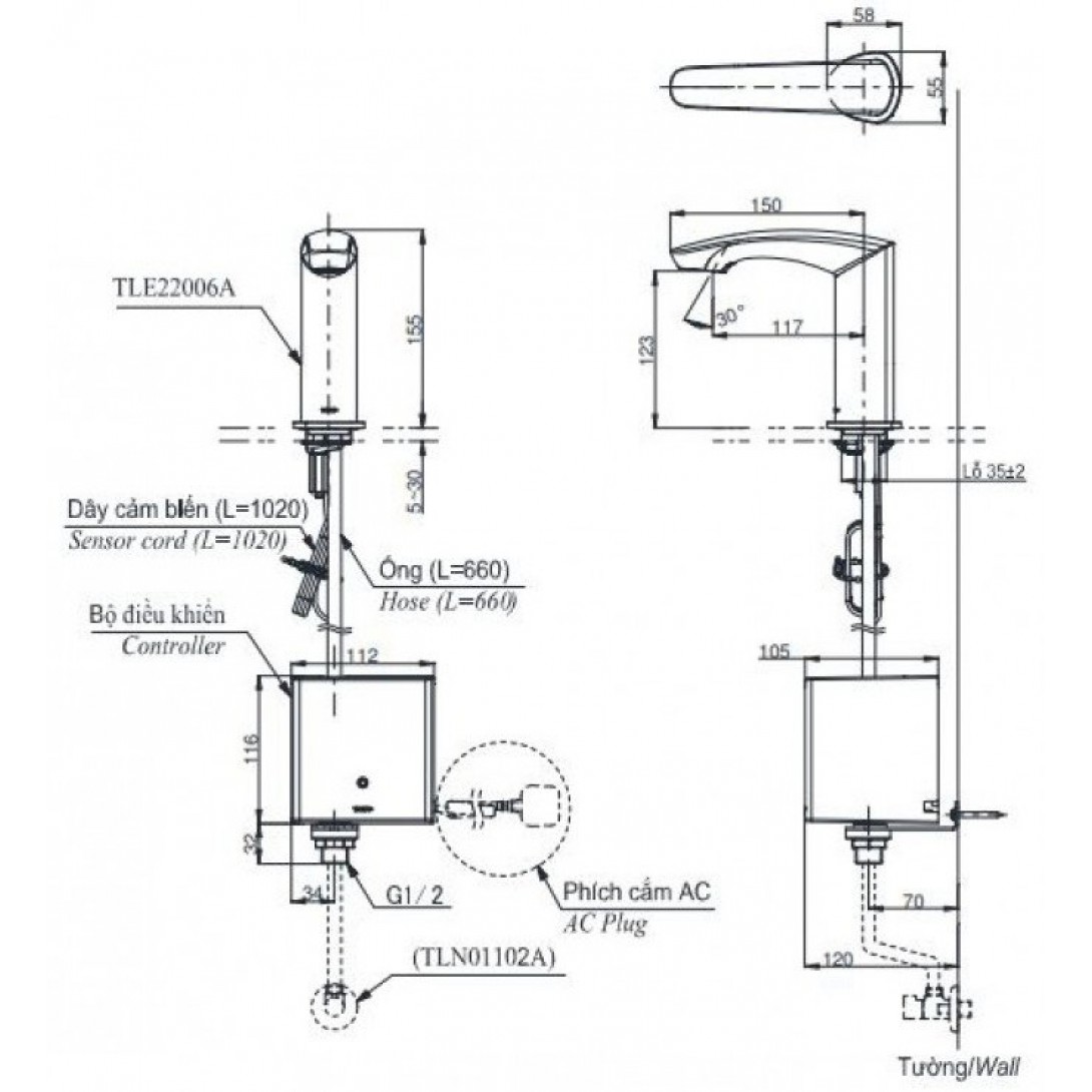 Vòi Lavabo Cảm Ứng TOTO TLE22006V/TLE04502A1/TLN01102A PIN 2L
