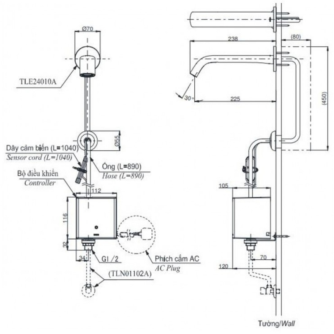 Vòi Lavabo Cảm Ứng TOTO TLE24010V/TLE01502A1/TLN01102A Gắn Tường 220V 2L