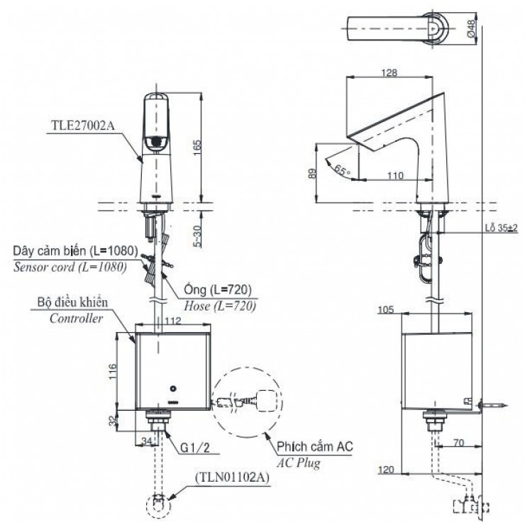Vòi cảm ứng TOTO TLE27002A/TLE04502A1/TLN01102A Dùng Pin 2L Nước Lạnh